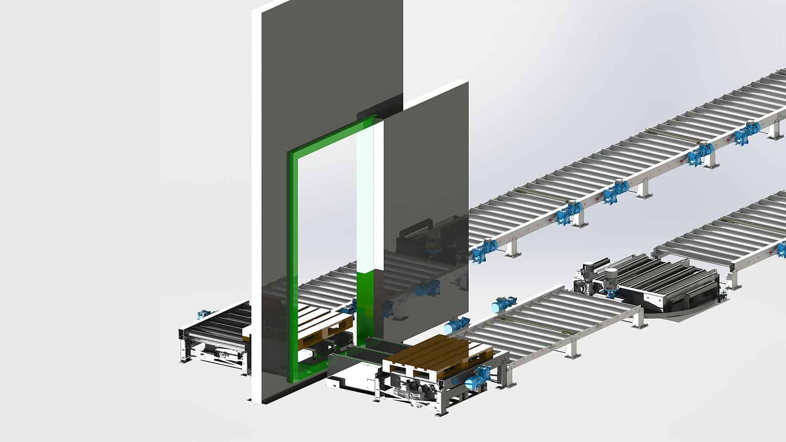 Pallet transport line for warehouse in freezing houses